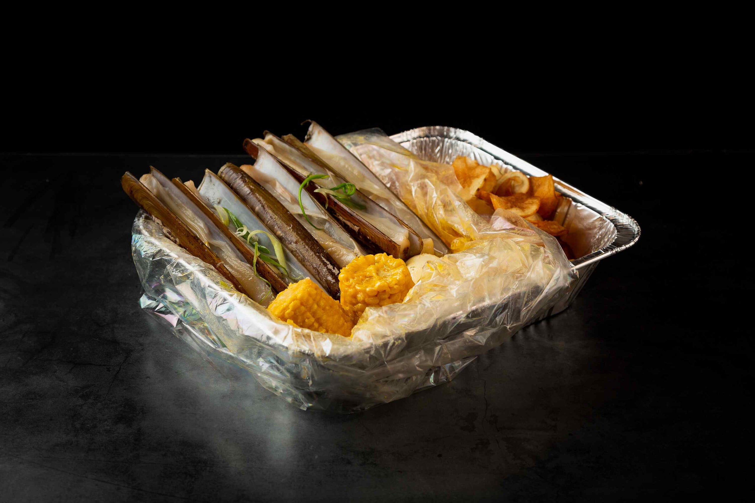 6 Razor Clam Boil, Crispy Potatoes, Corn, Egg and Garlic Sauce | Papa ...